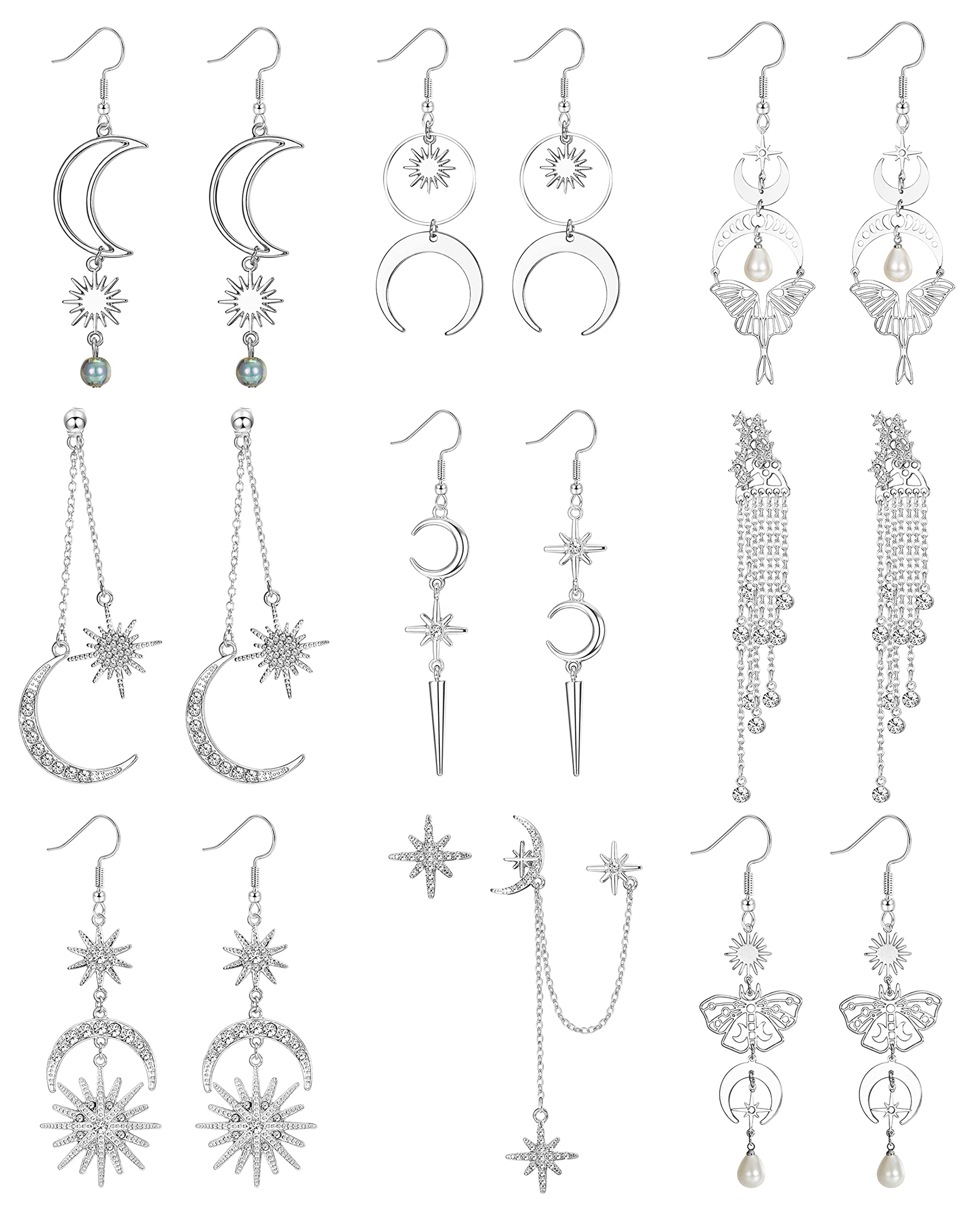 DOLOTTA 9 Pairs Moon Stars Long Dangle Earrings for Women Sun Butterfly CZ Earrings Exaggerated Moon Gold Earrings Long Chain Shining Tassel Boho Vintage Earrings Silver