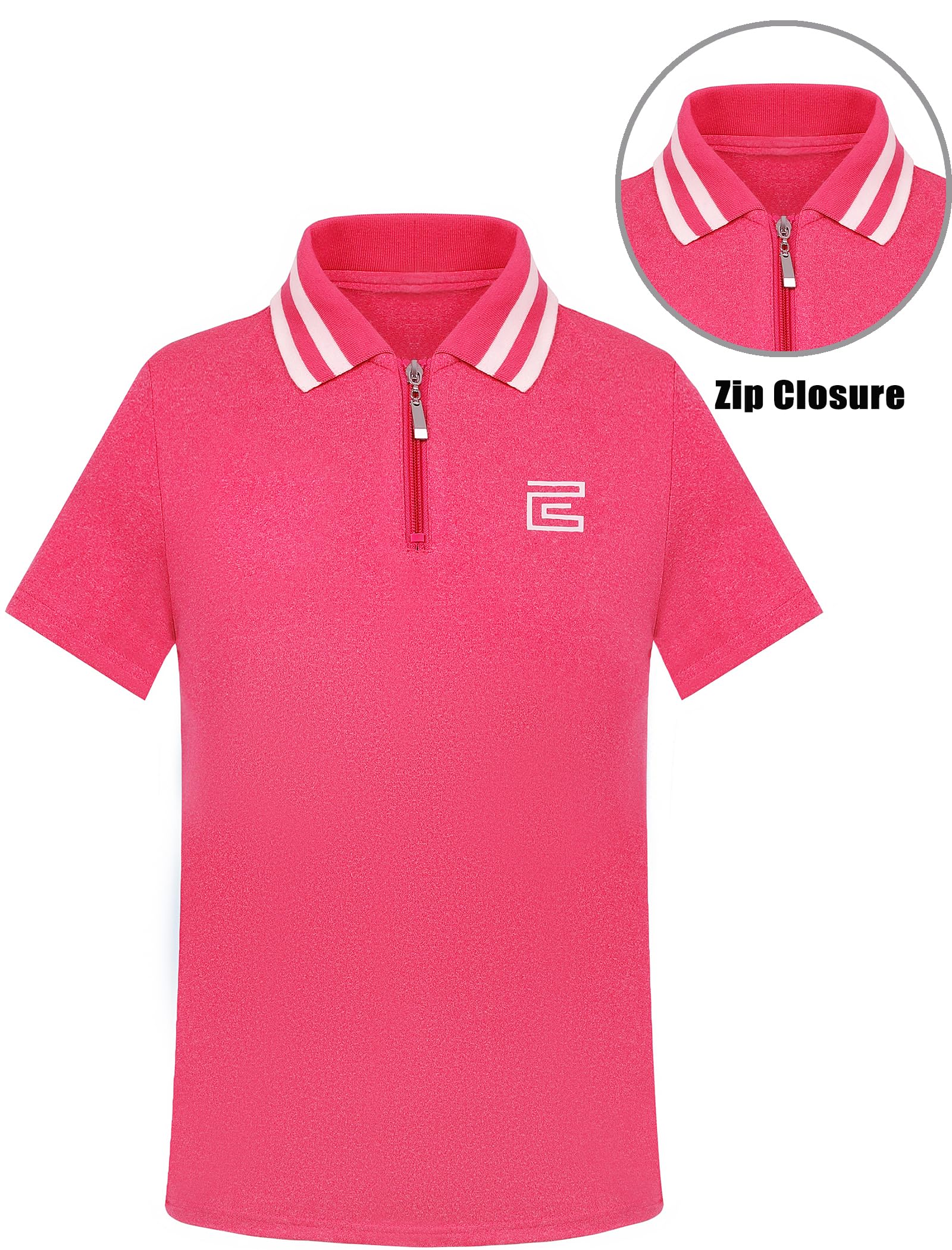 EXARUS Girls' Short Sleeve Golf Tennis Polo Shirts Kids 1/4 Zip Athletic Workout Quick Dry Golf Clothes UPF 50+ T-Shirts Rose 8 Years