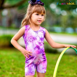 Funnycokid Gymnastics Leotards for Girls Purple Tie Dye Outfits Sparkly Biketards with Shorts Sleeveless Unitards 7-8 Years