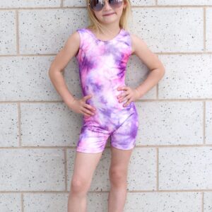 Funnycokid Gymnastics Leotards for Girls Purple Tie Dye Outfits Sparkly Biketards with Shorts Sleeveless Unitards 7-8 Years