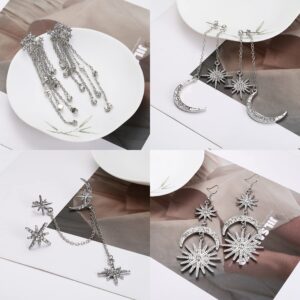 DOLOTTA 9 Pairs Moon Stars Long Dangle Earrings for Women Sun Butterfly CZ Earrings Exaggerated Moon Gold Earrings Long Chain Shining Tassel Boho Vintage Earrings Silver