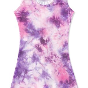 Funnycokid Gymnastics Leotards for Girls Purple Tie Dye Outfits Sparkly Biketards with Shorts Sleeveless Unitards 7-8 Years