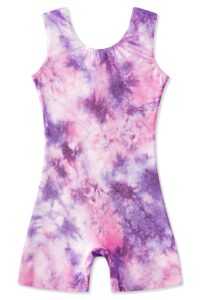 funnycokid gymnastics leotards for girls purple tie dye outfits sparkly biketards with shorts sleeveless unitards 7-8 years