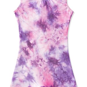 Funnycokid Gymnastics Leotards for Girls Purple Tie Dye Outfits Sparkly Biketards with Shorts Sleeveless Unitards 7-8 Years