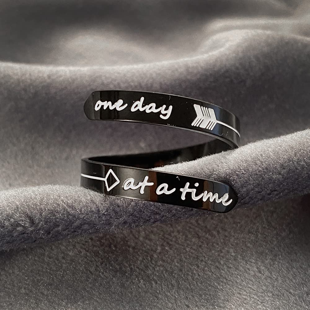 Opening Black One day at a time Ring Stainless Steel Adjustable Jewelry Inspirational Opening Stacking Cute Hiphop Band