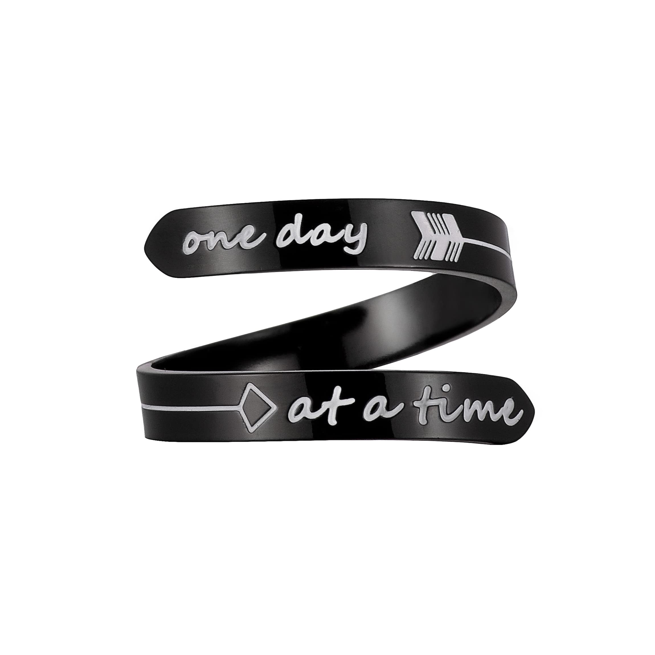 Opening Black One day at a time Ring Stainless Steel Adjustable Jewelry Inspirational Opening Stacking Cute Hiphop Band