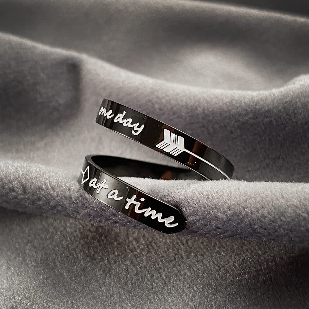 Opening Black One day at a time Ring Stainless Steel Adjustable Jewelry Inspirational Opening Stacking Cute Hiphop Band