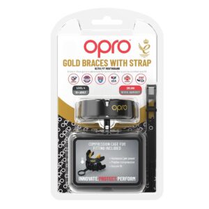 OPRO Gold Level Mouthguard For Braces + Strap, Adults and Youth Sports Mouth Guard, Featuring Revolutionary Fitting Technology for Football, Lacrosse, Hockey, Combat and Contact Sports (Black)