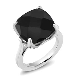 gem stone king 925 sterling silver black onyx and white created sapphire engagement ring for women (8.27 cttw, 14mm cushion checkerboard, size 8)