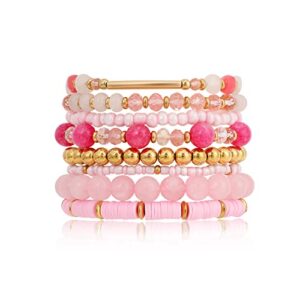 ideajoy 8 pcs pink bracelet for women, bohemian multi-layer beaded stacking summer pink bracelets barbie jewelry gifts, strand stretch sparkly crystal beads wrap slip-on cuff bangle bracelet set gift