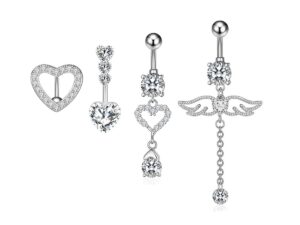 14g surgical steel belly button rings round/love heart clear cz navel curved barbell studs sexy body piercing (4pcs - steel - style a)