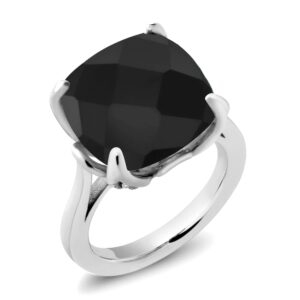 gem stone king 925 sterling silver black onyx and white diamond engagement ring for women (8.27 cttw, 14mm cushion checkerboard, available in size 5,6,7,8,9)