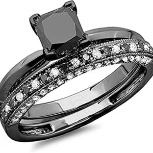 Aryan Jewels 2.30 Ct Princess & Round Cut Black White Diamond Bridal Ring Set Engagement Wedding Band Couple Ring For His & Her 14K Black Gold Finish (7.5)