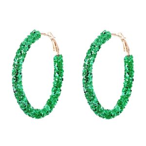 Bohemian Shiny Glitter Sequins Hoop Earrings Wrapped Gold Plated Circle Statement Rhinestone Dangle Drop Earrings for Women Boho Jewelry-green