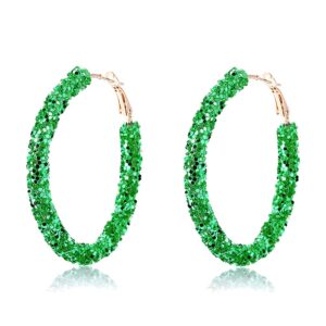 bohemian shiny glitter sequins hoop earrings wrapped gold plated circle statement rhinestone dangle drop earrings for women boho jewelry-green