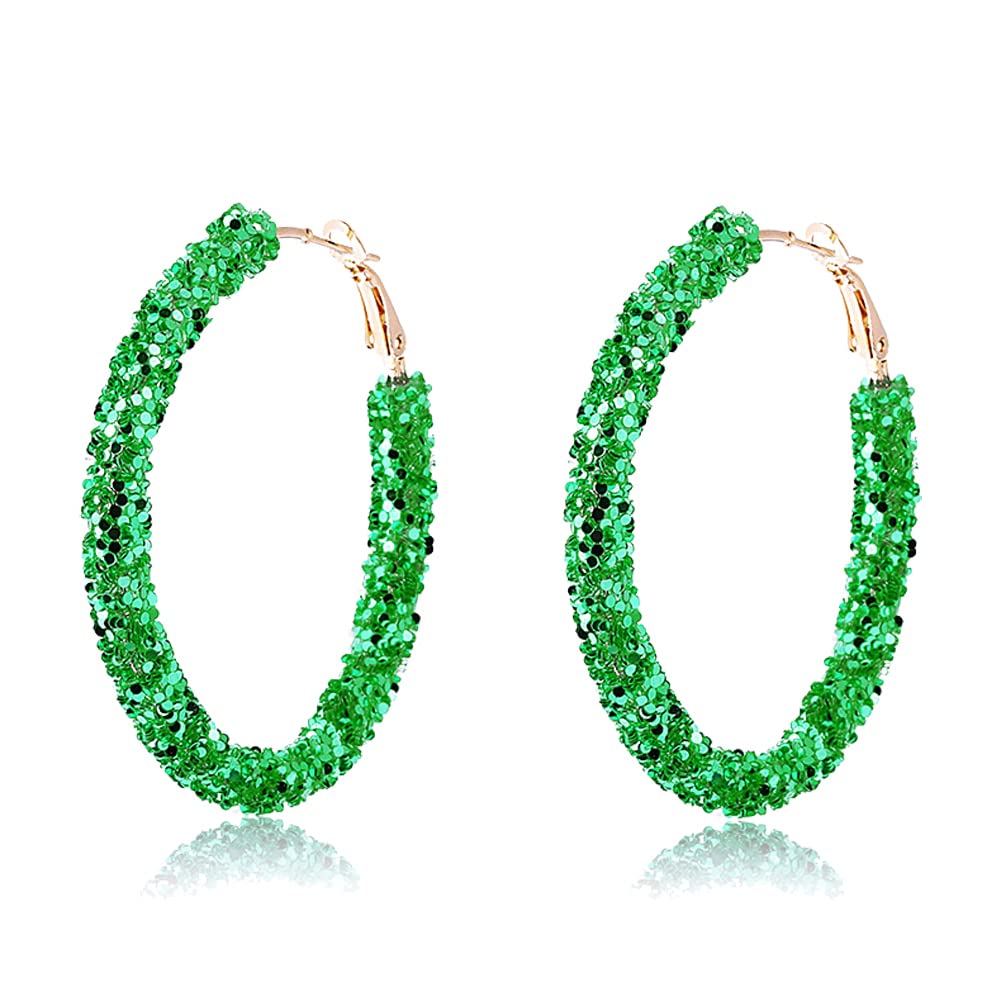 Bohemian Shiny Glitter Sequins Hoop Earrings Wrapped Gold Plated Circle Statement Rhinestone Dangle Drop Earrings for Women Boho Jewelry-green