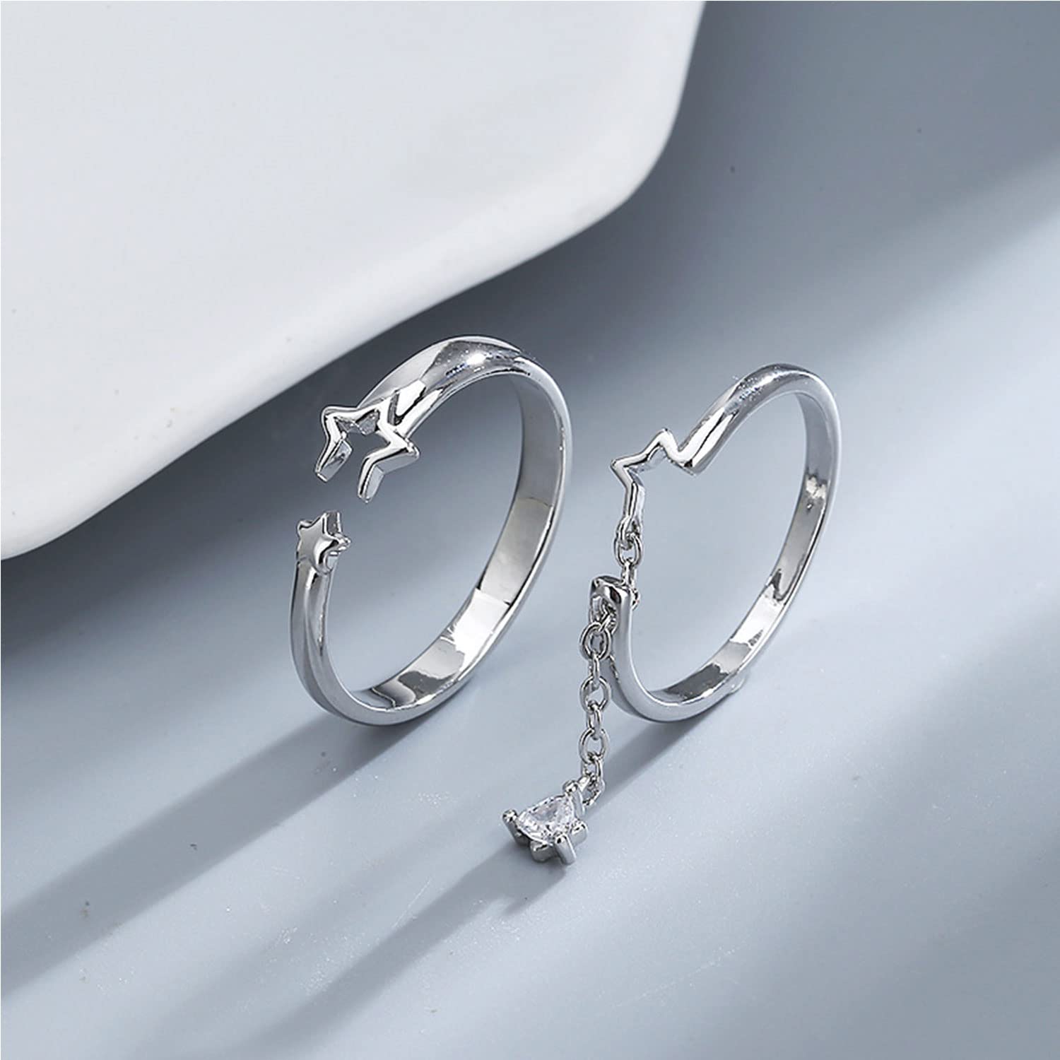 2 Pcs Hollow Star Couple Fashion Meteor Ring Opening Adjustable Ring Promise Ring Friends Couple Gift Jewelry (Silver)