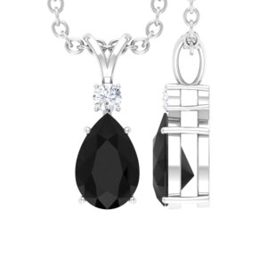 rosec jewels natural black onyx teardrop pendant with diamond| 5x7 mm pear| aaa quality| anniversary/graduation jewelry for women, 14k white gold, with chain