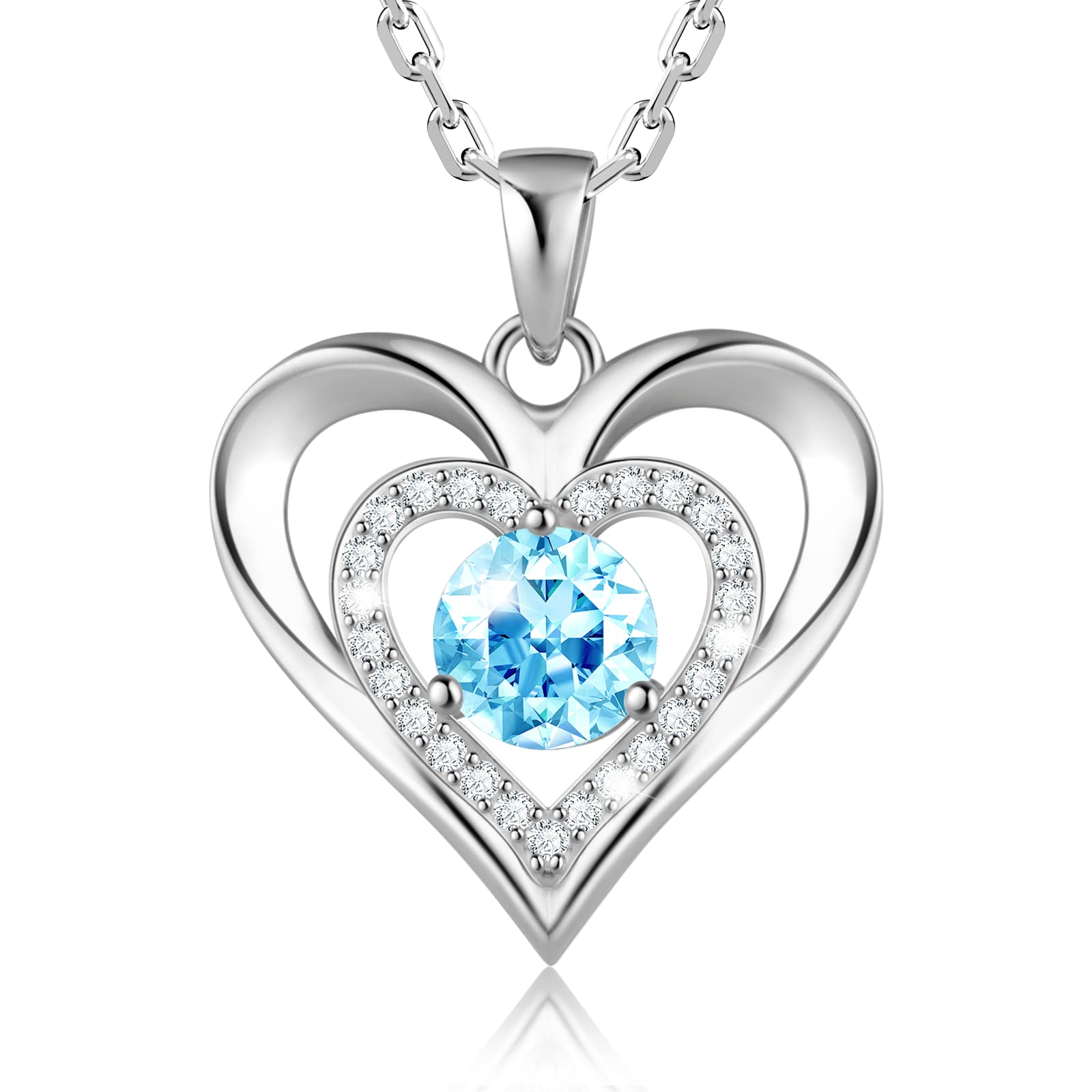 925 Sterling Silver Heart Necklace for Women Love Pendant Shiny Large Creat Aquamarine Birthstone Necklace Jewelry Valentine's Day Birthday Mothers Day Gifts for Mom Her Women Wife