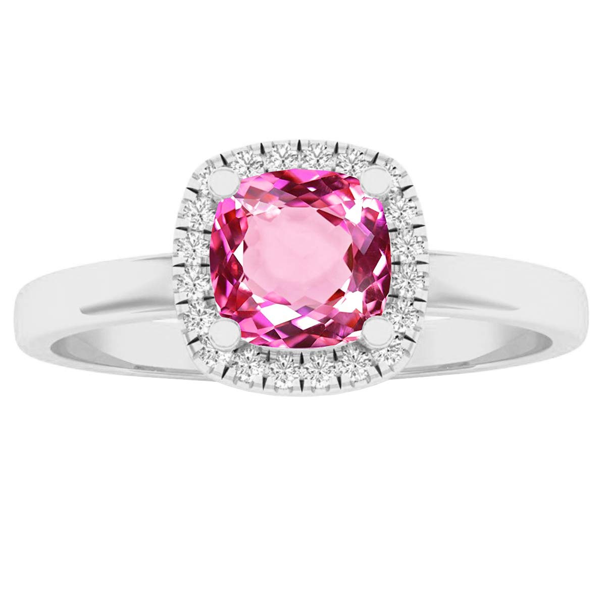 Dazzlingrock Collection 14K 5.3 MM Cushion Lab Created Pink Sapphire & Round Diamond Women Ring, White Gold, Size 7