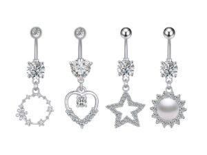 14g surgical steel belly button rings round/love heart clear cz navel curved barbell studs sexy body piercing (4pcs - steel - style b)