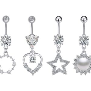 14G Surgical Steel Belly Button Rings Round/Love Heart Clear CZ Navel Curved Barbell Studs Sexy Body Piercing (4PCS - Steel - Style B)