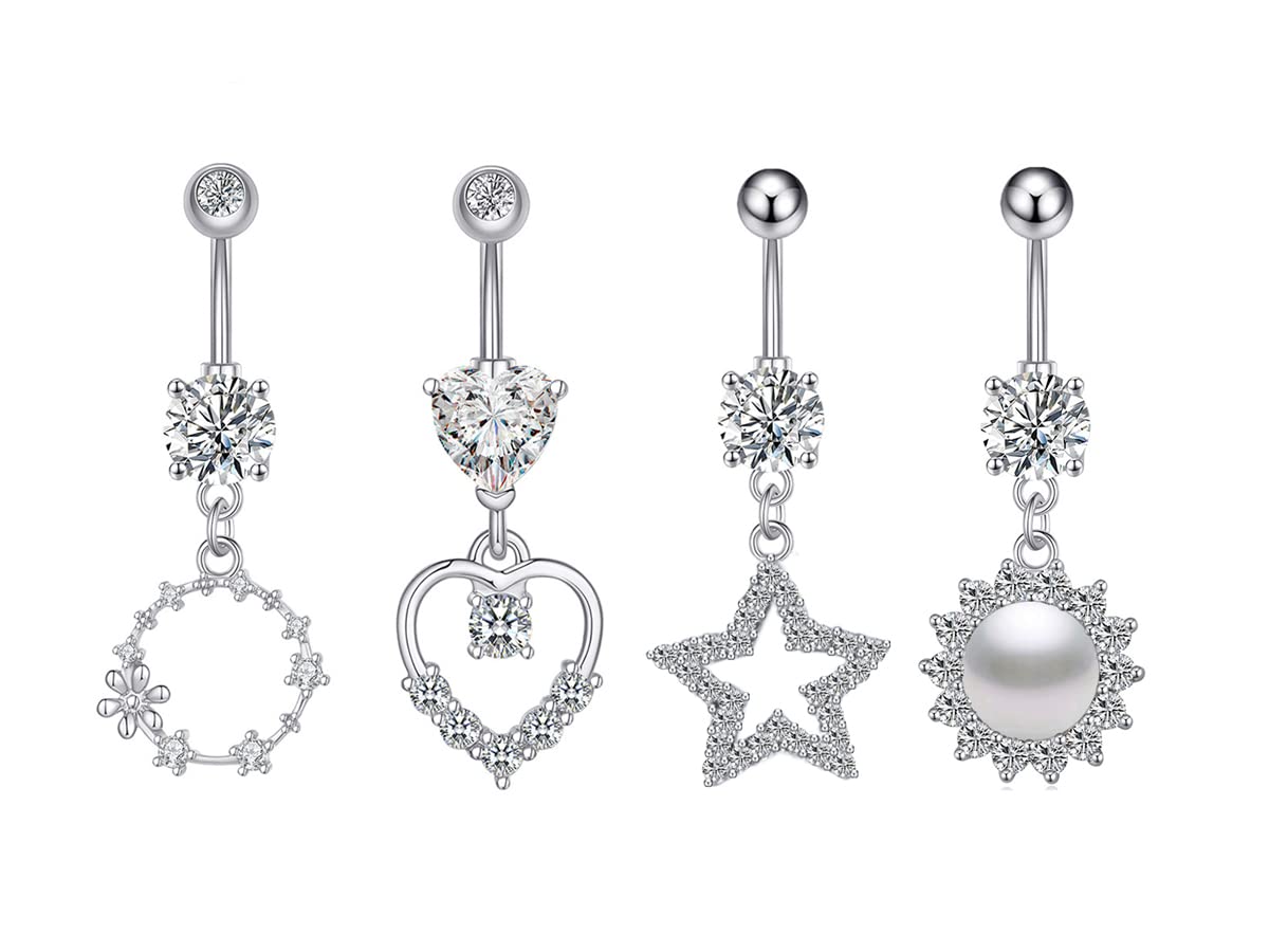 14G Surgical Steel Belly Button Rings Round/Love Heart Clear CZ Navel Curved Barbell Studs Sexy Body Piercing (4PCS - Steel - Style B)