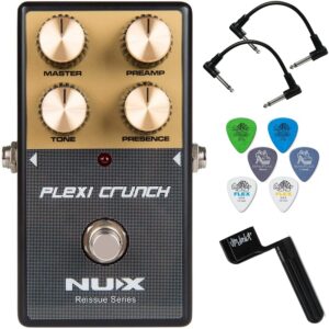 briskdrop nux plexi crunch distortion pedal bundle with 2 patch cables, 6 dunlop picks, and string winder assorted golden plexicrunch-psu 0