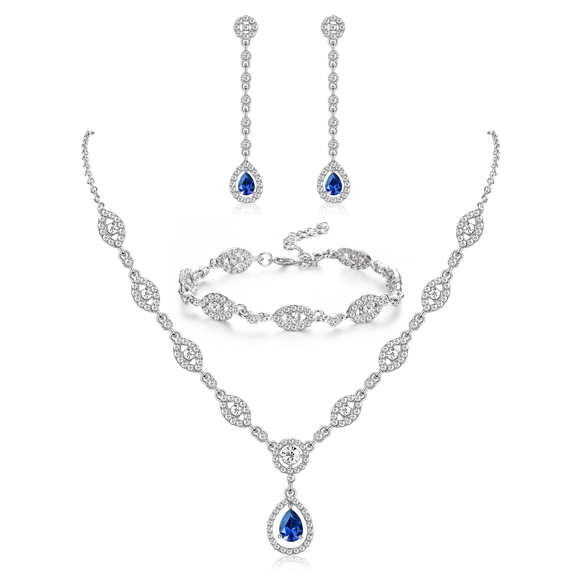 YADOCA Wedding Bridal Jewelry Set For Women Silver Prom Costume Jewelry Sets Rhinestone Crystal Teardrop Necklace Earrings Bracelet Bridesmaid Jewelry Accessories Blue