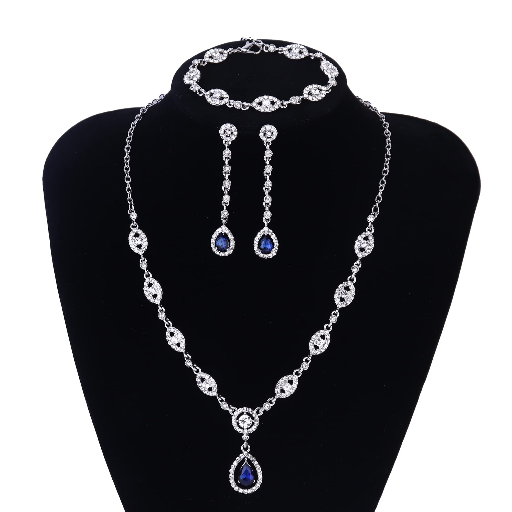 YADOCA Wedding Bridal Jewelry Set For Women Silver Prom Costume Jewelry Sets Rhinestone Crystal Teardrop Necklace Earrings Bracelet Bridesmaid Jewelry Accessories Blue