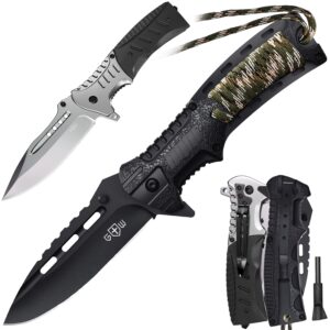 bundle of 2 items - pocket knife - tactical folding knife - knife with fire starter paracord handle - best edc survival hiking hunting camping knife - travel accessories gear knife gifts