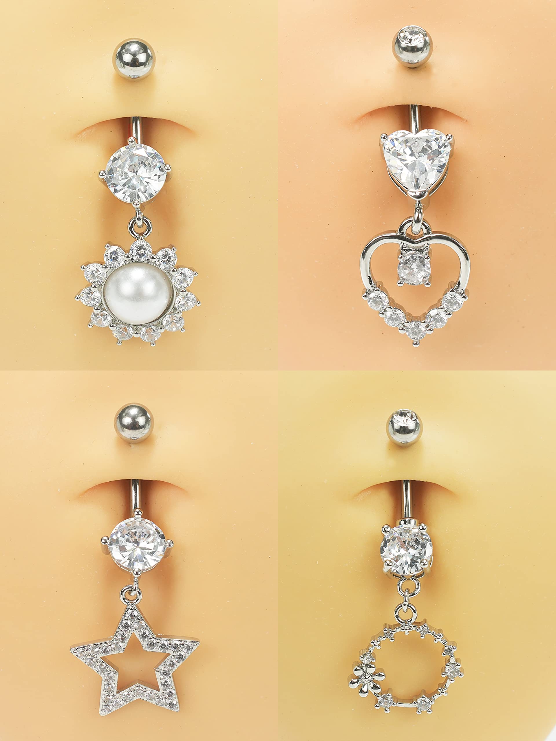 14G Surgical Steel Belly Button Rings Round/Love Heart Clear CZ Navel Curved Barbell Studs Sexy Body Piercing (4PCS - Steel - Style B)