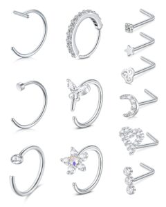 anicina nose rings 18g nose rings hoops surgical steel nose piercing kit l shape nose studs for women cz heart moon nose piercings silver nose piercing jewelry