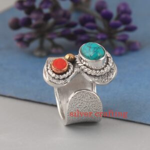 Turquoise And Coral Gemstone Ring Thumb Sterling Silver Natural Stone Ring Personalized Boho Ring (7.5)