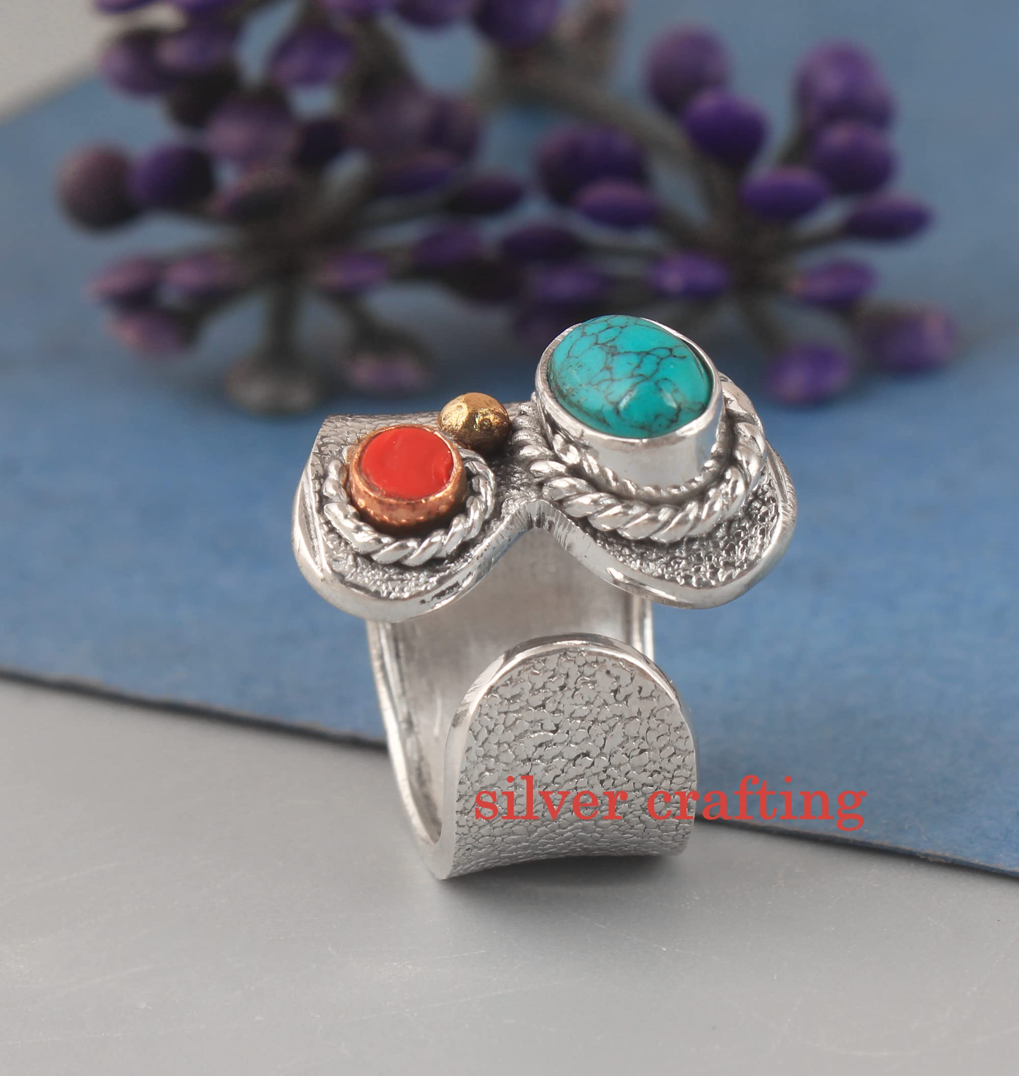 Turquoise And Coral Gemstone Ring Thumb Sterling Silver Natural Stone Ring Personalized Boho Ring (7.5)