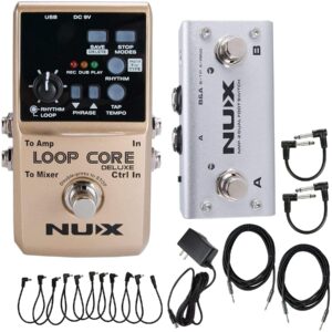 nux loop core deluxe pedal bundle with 2 patch cables, 2 instrument cables, 9v power supply and daisy chain