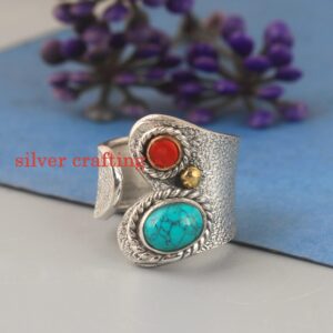 Turquoise And Coral Gemstone Ring Thumb Sterling Silver Natural Stone Ring Personalized Boho Ring (7.5)