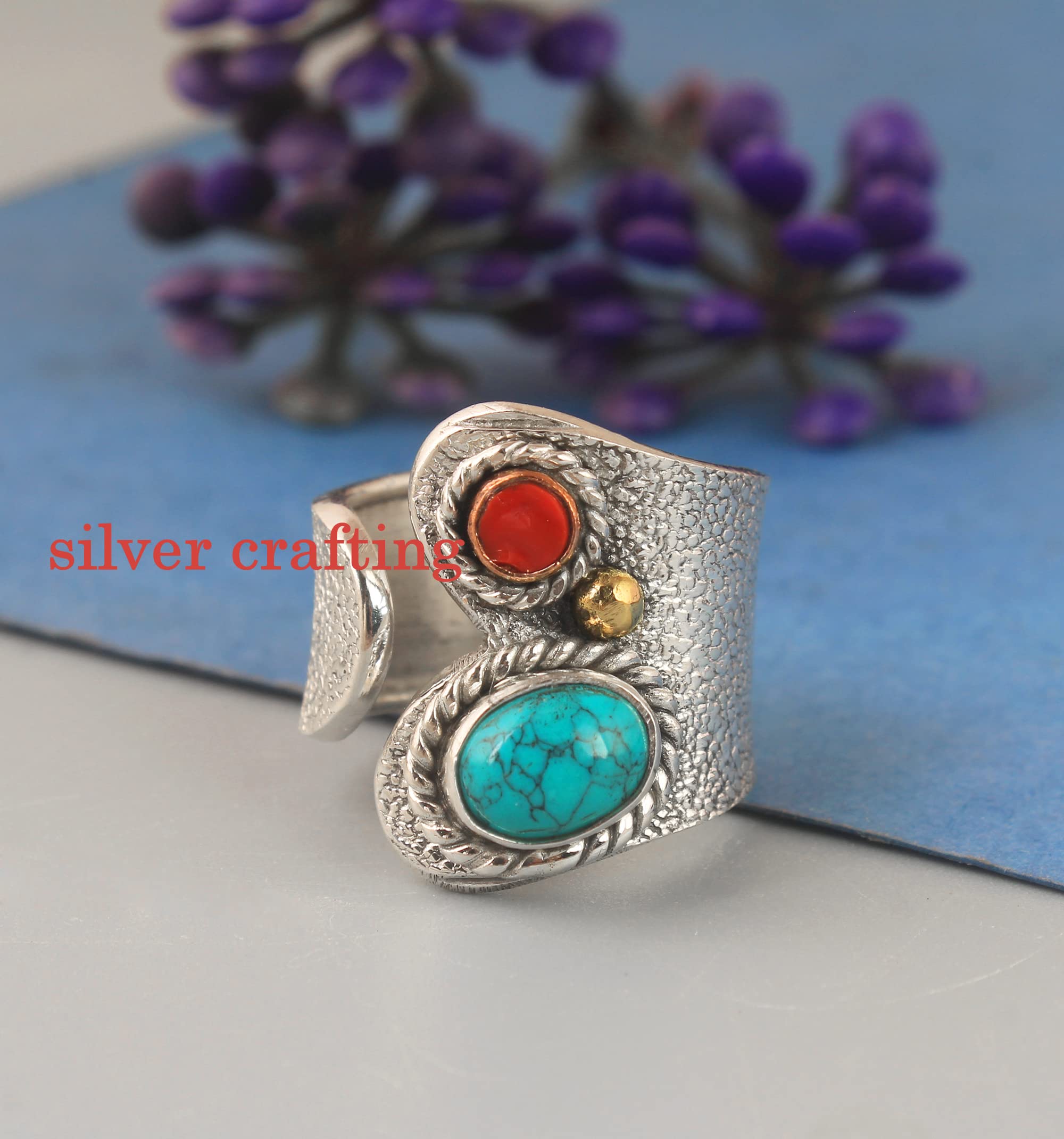 Turquoise And Coral Gemstone Ring Thumb Sterling Silver Natural Stone Ring Personalized Boho Ring (7.5)