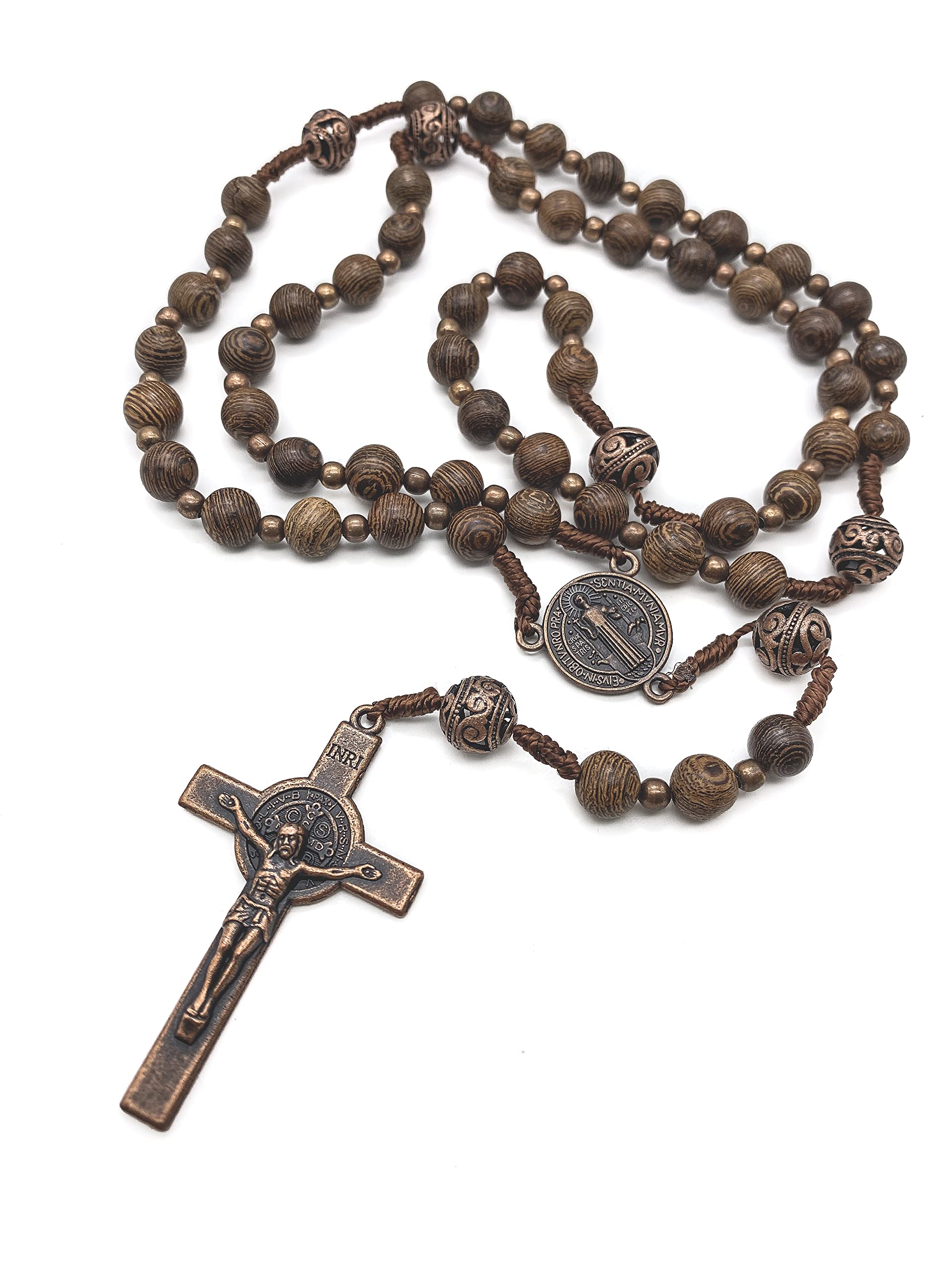 Nazareth Store Sacred St Benedict Wood beads Rosary Solid Wooden Beaded Necklace & Metal Glory Beads Catholic Cross Crucifix