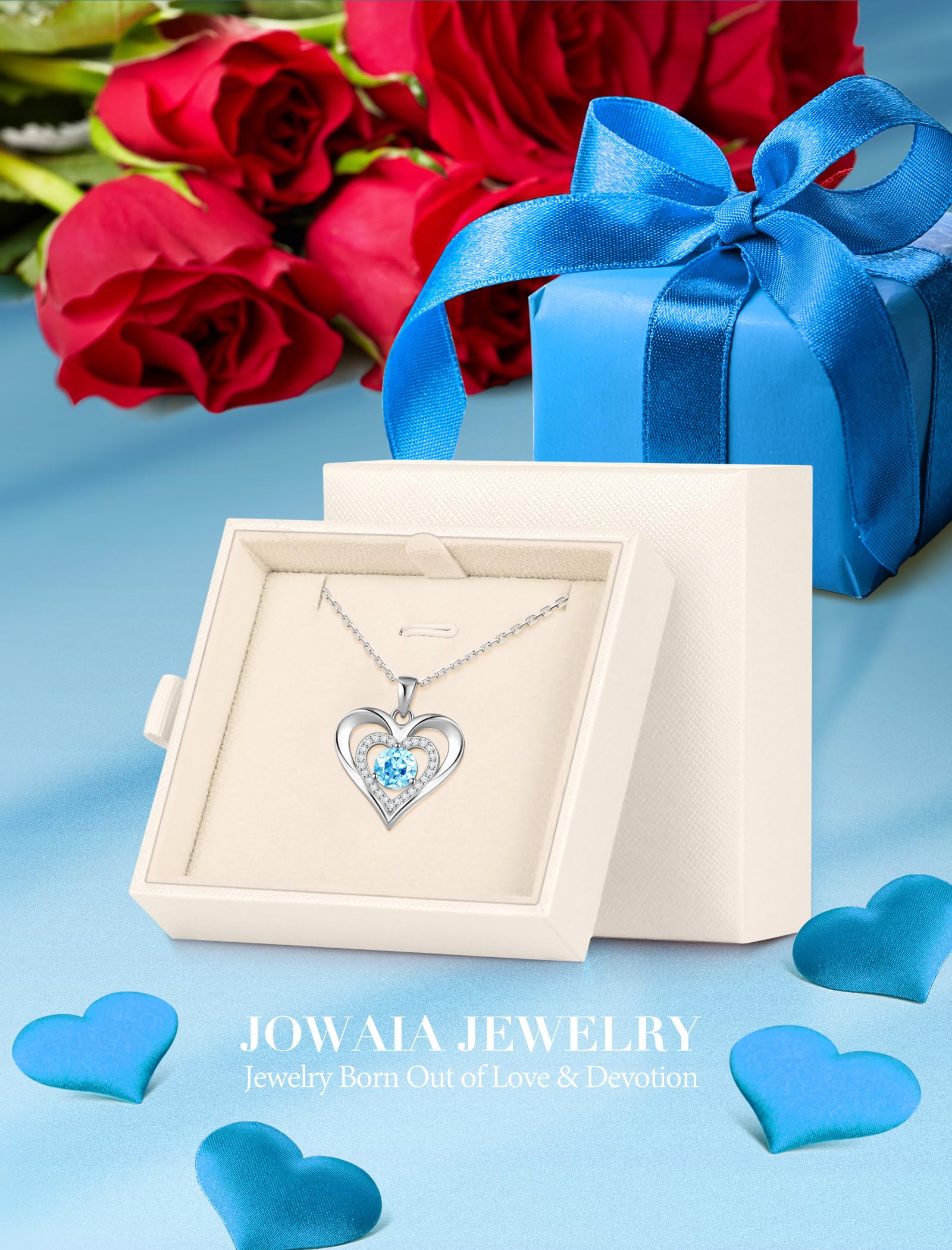 925 Sterling Silver Heart Necklace for Women Love Pendant Shiny Large Creat Aquamarine Birthstone Necklace Jewelry Valentine's Day Birthday Mothers Day Gifts for Mom Her Women Wife