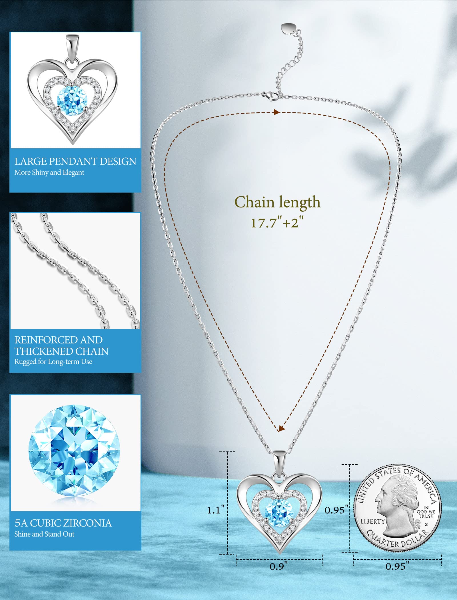 925 Sterling Silver Heart Necklace for Women Love Pendant Shiny Large Creat Aquamarine Birthstone Necklace Jewelry Valentine's Day Birthday Mothers Day Gifts for Mom Her Women Wife