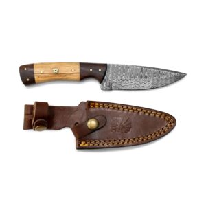 titan international knives 8.2" damascus steel fixed blade hunting knife | handmade 1095 4340 carbon mix hand pounded | edc black walnut and olive wood handle | leather sheath multi purpose survival and camping knives