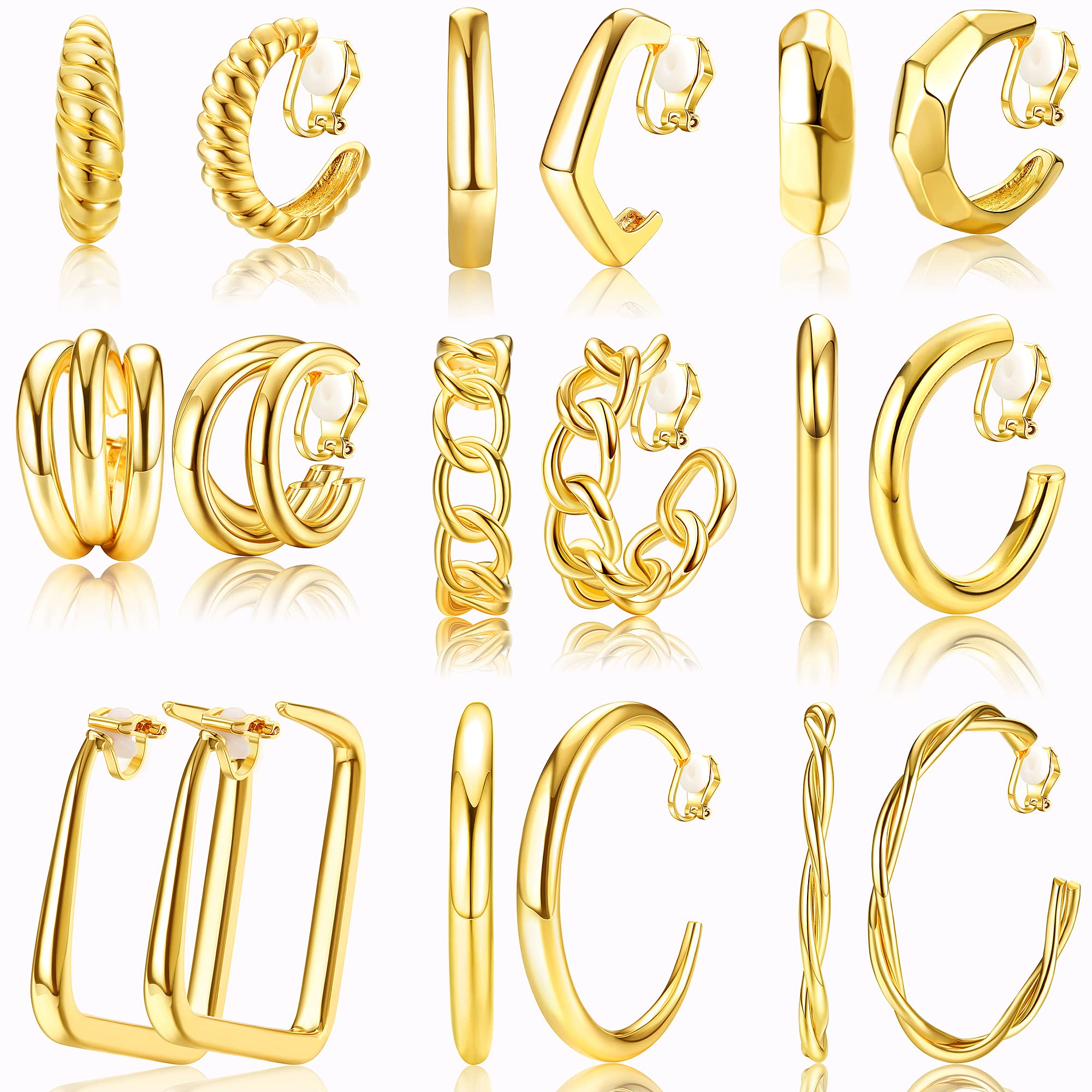 JOERICA 9 Pairs Clip On Hoop Earrings for Women Gold Chunky Hoop Earrings Set Clip-on Earrings Non Pierced Earrings Fake Earrings for Women