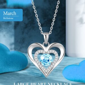 925 Sterling Silver Heart Necklace for Women Love Pendant Shiny Large Creat Aquamarine Birthstone Necklace Jewelry Valentine's Day Birthday Mothers Day Gifts for Mom Her Women Wife