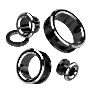 Pierced Owl 316L Stainless Steel Black and Silver Tone Rim Screw Fit Tunnel Plugs, Sold as a Pair (10mm (00GA))