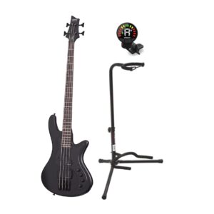 schecter stiletto stealth 4-string bass guitar (satin black) bundle with clip-on chromatic tuner for string instruments and xcg4 tripod guitar stand (black) (3 items)