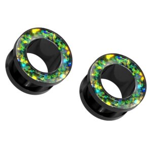 pierced owl 316l stainless steel green opal glitter rim black screw fit tunnel plugs, sold as a pair (8mm (0ga))