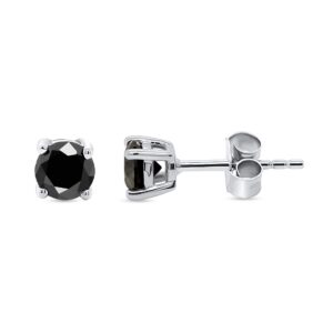 shineadime round shape black diamond solitaire stud earrings with push backs in 14k white gold over 925 sterling silver for womens (1 cttw)