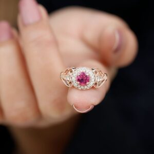 0.75 Cttw Pink Tourmaline Vintage Engagement Ring with Diamond (AAA Quality), 14K Rose Gold, Size:US 4.50