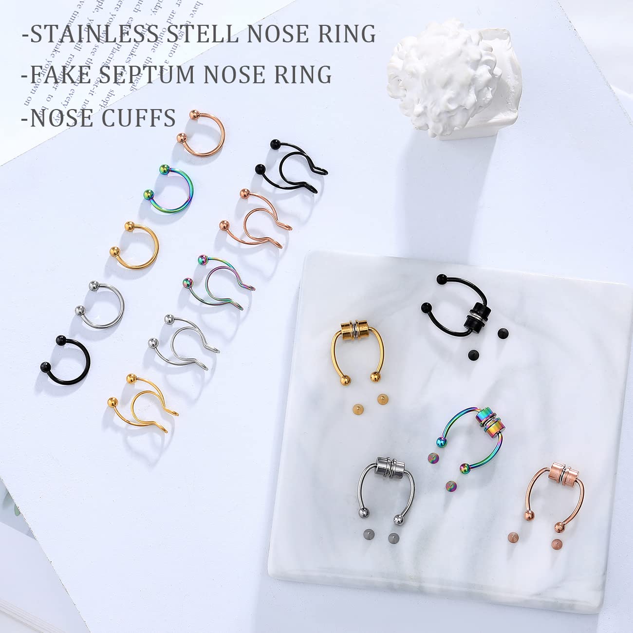 ZOERAY 25Pcs Fake Nose Ring Nose Cuffs Fake Septum African Clip on Faux Septum Nose Ring Non Pierced Nose Hoop Heart Star Shape Multi-Style for Women